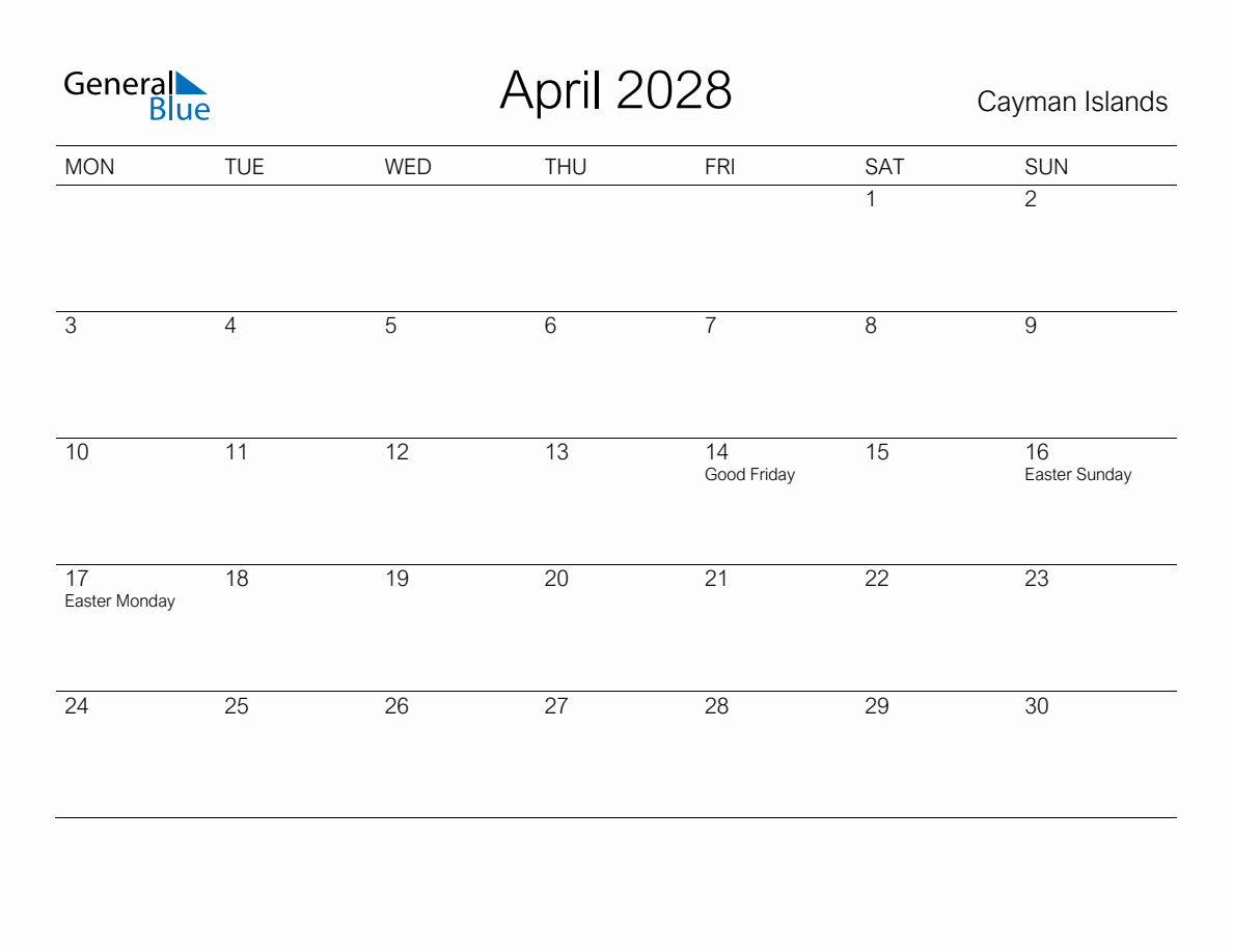 Printable April 2028 Monthly Calendar with Holidays for Cayman Islands ...