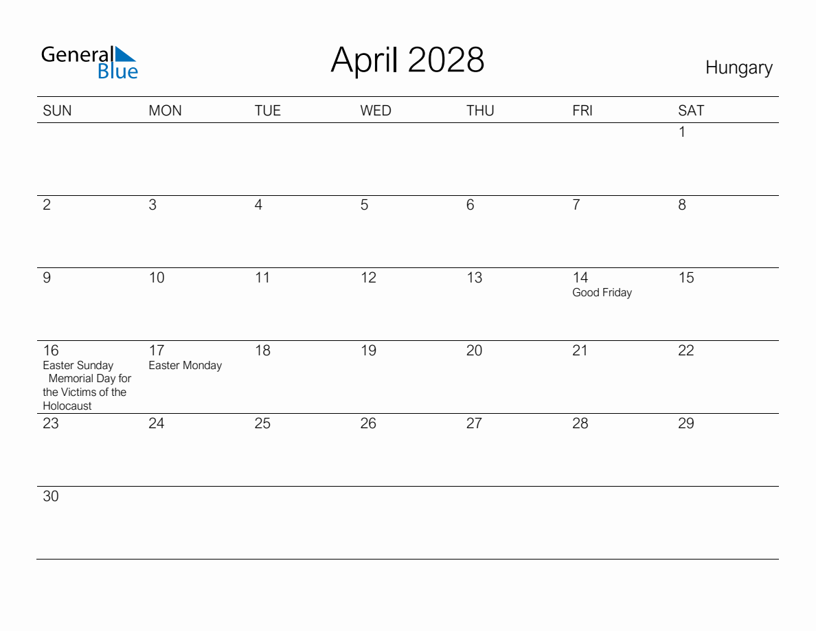 Printable April 2028 Monthly Calendar with Holidays for Hungary