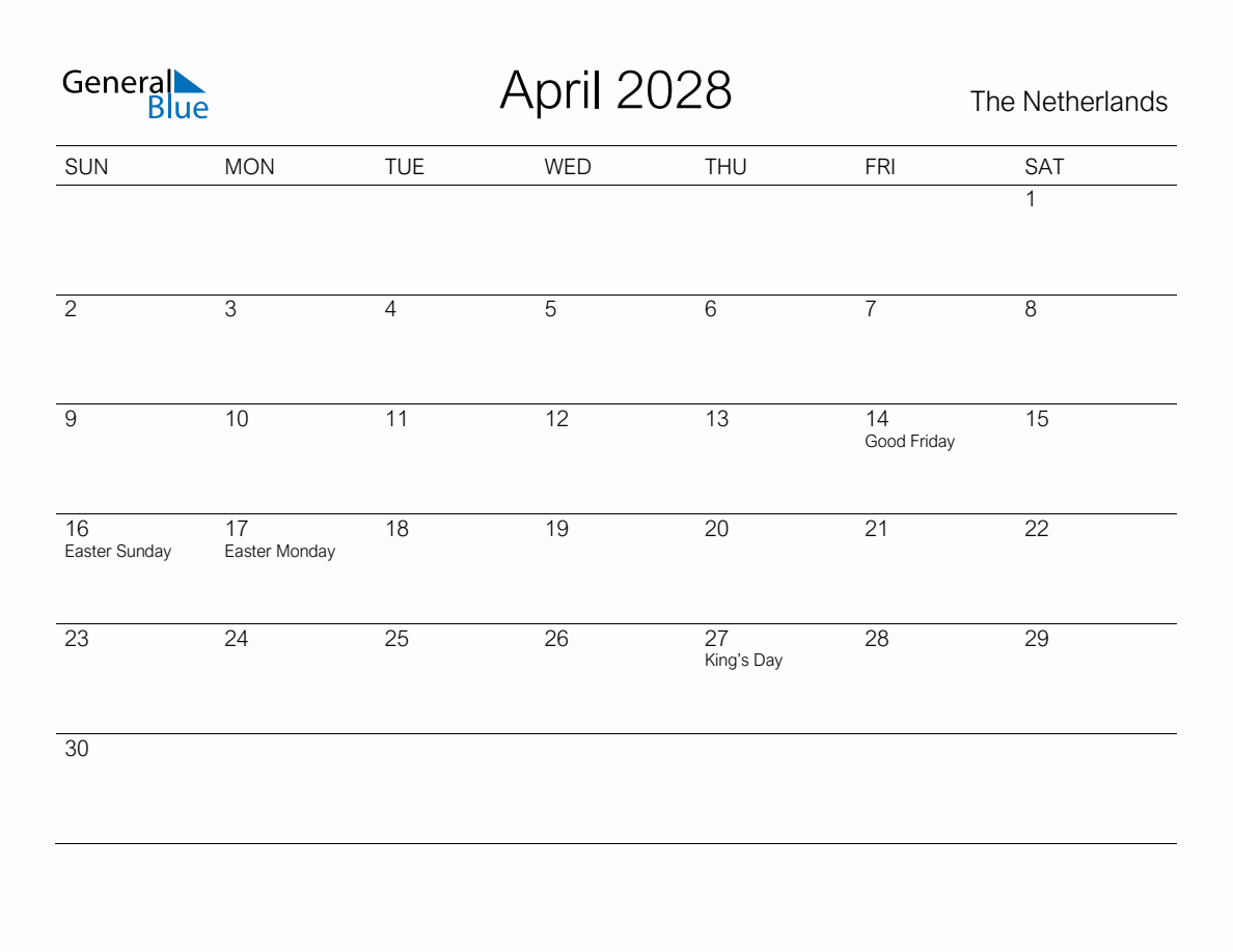 Printable April 2028 Monthly Calendar with Holidays for The Netherlands