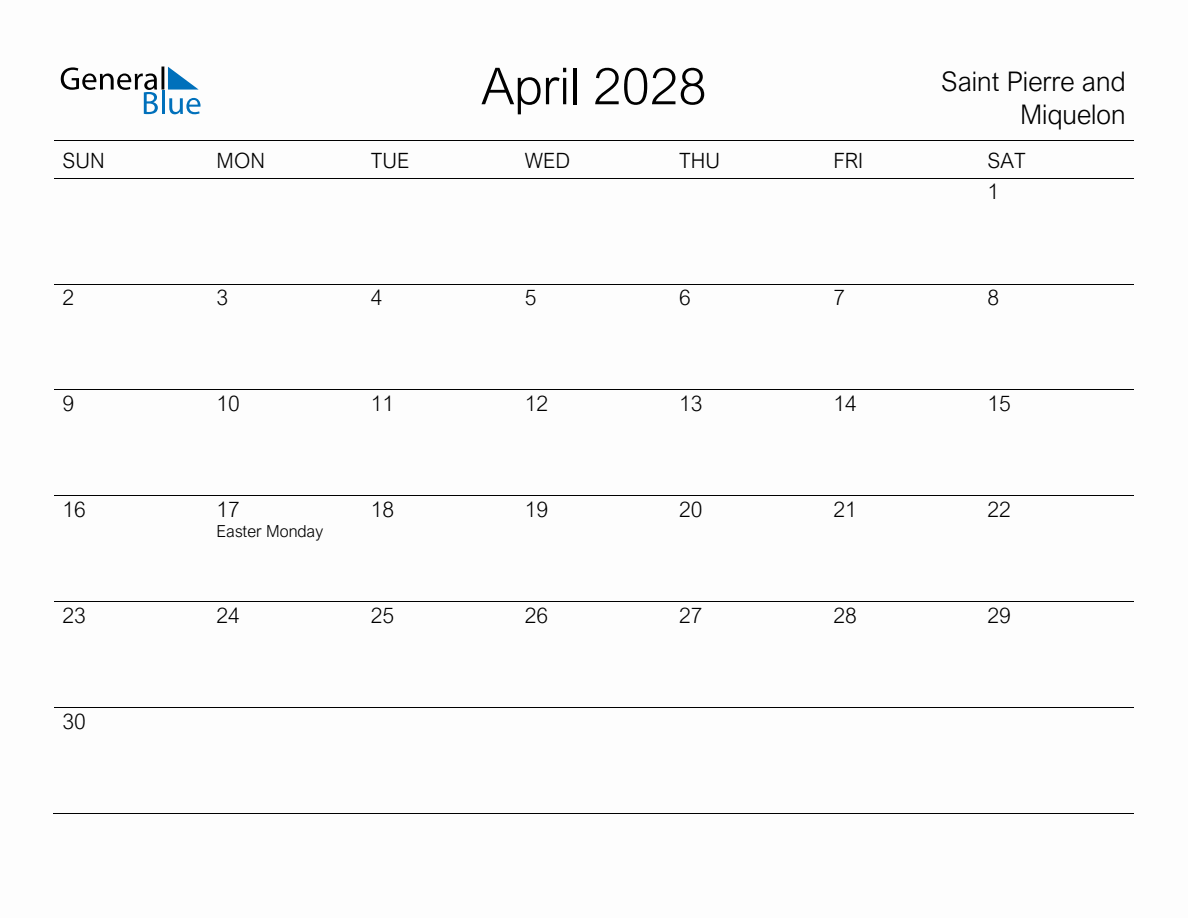 Printable April 2028 Monthly Calendar with Holidays for Saint Pierre ...