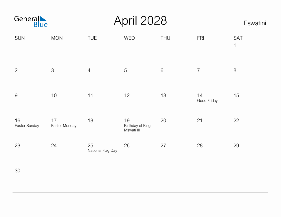Printable April 2028 Monthly Calendar with Holidays for Eswatini