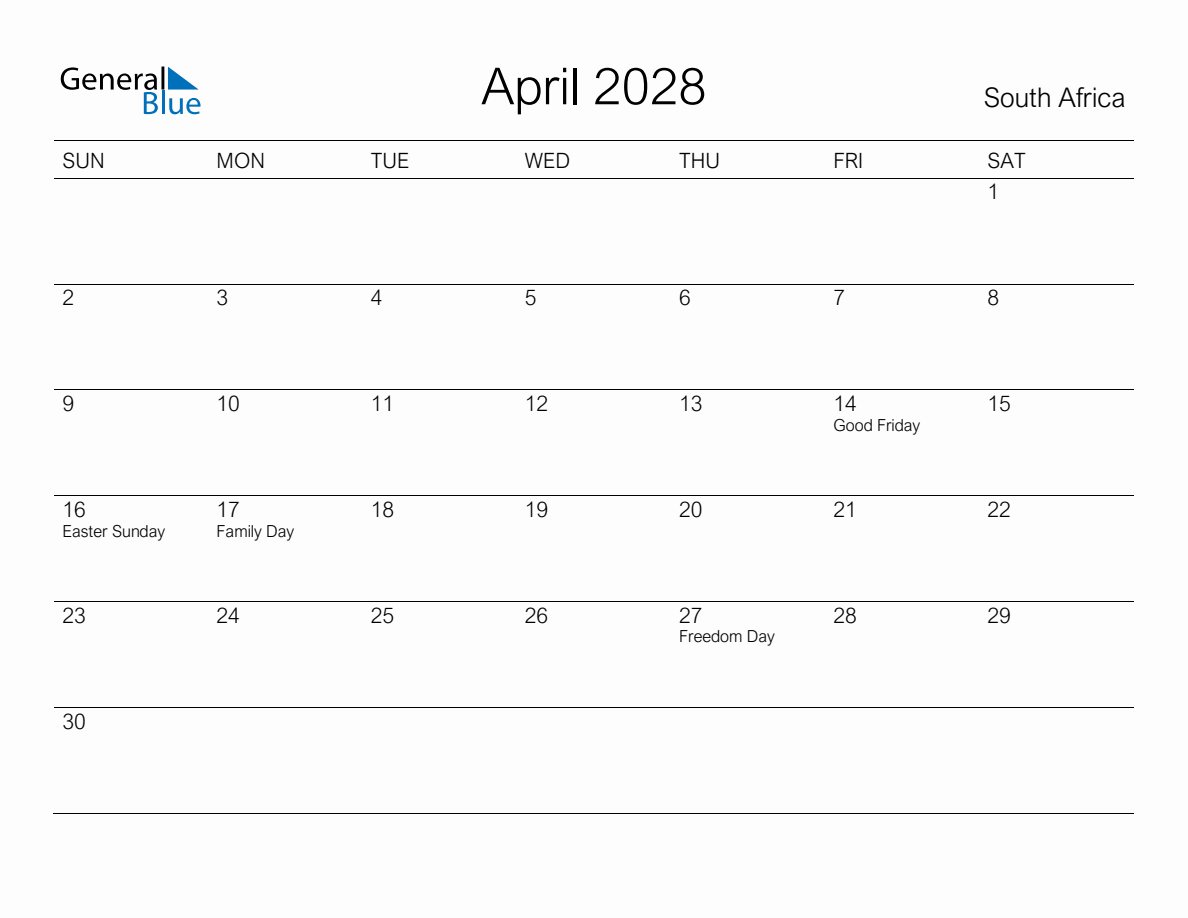 Printable April 2028 Monthly Calendar with Holidays for South Africa
