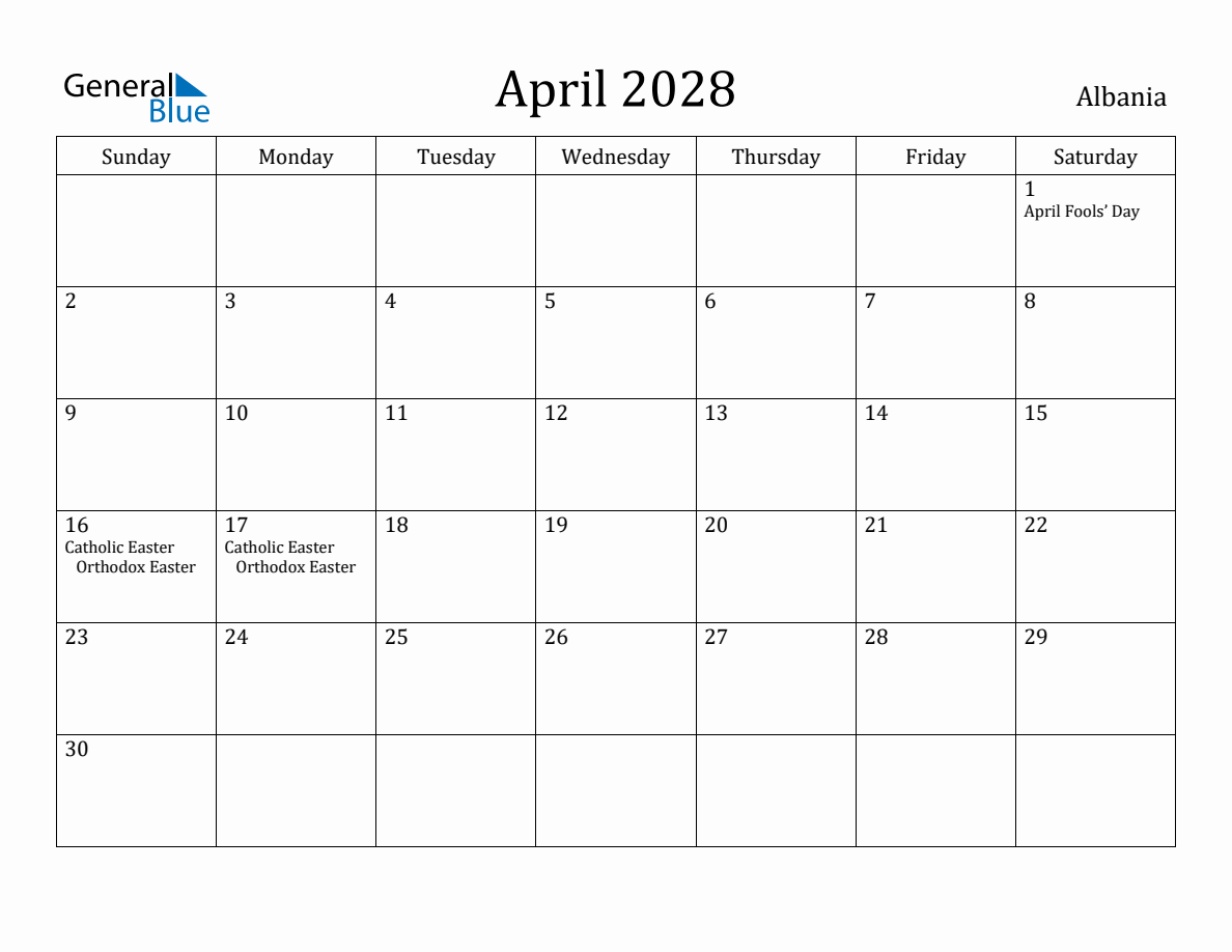 April 2028 Monthly Calendar with Albania Holidays