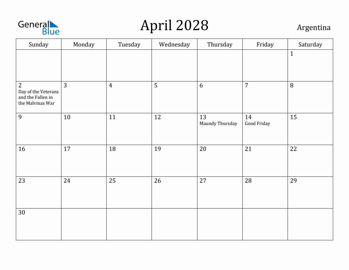 April 2028 Monthly Calendar with Argentina Holidays