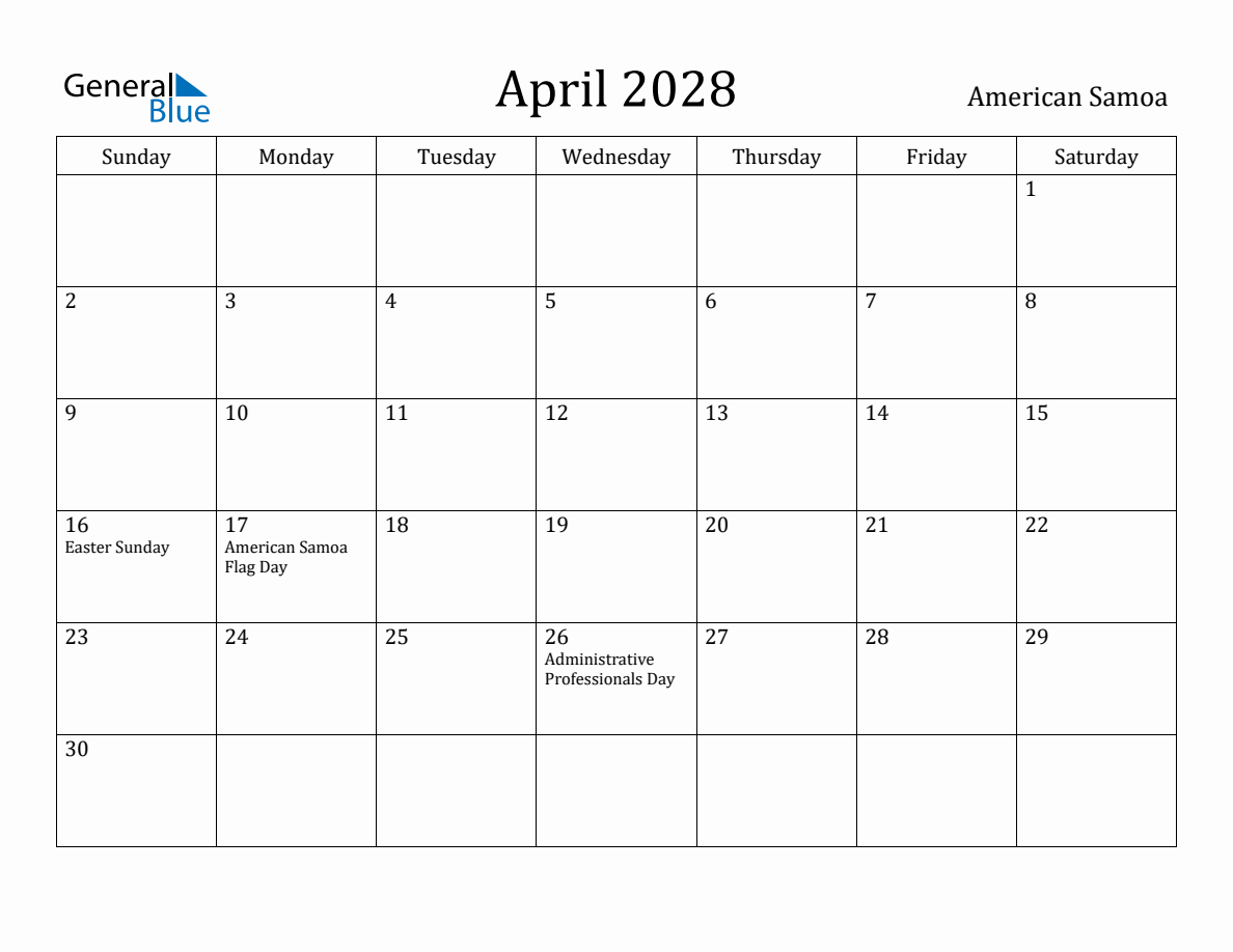 April 2028 Monthly Calendar with American Samoa Holidays