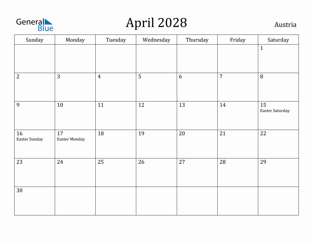 April 2028 Monthly Calendar with Austria Holidays
