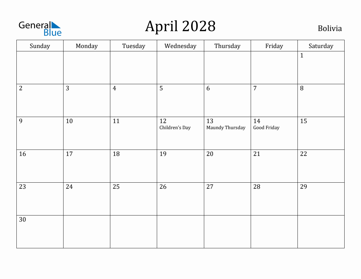 April 2028 Monthly Calendar with Bolivia Holidays