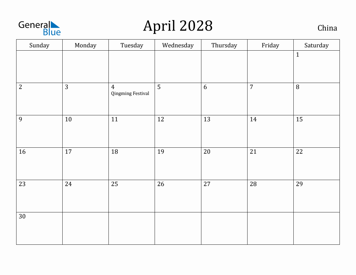 April 2028 Monthly Calendar with China Holidays