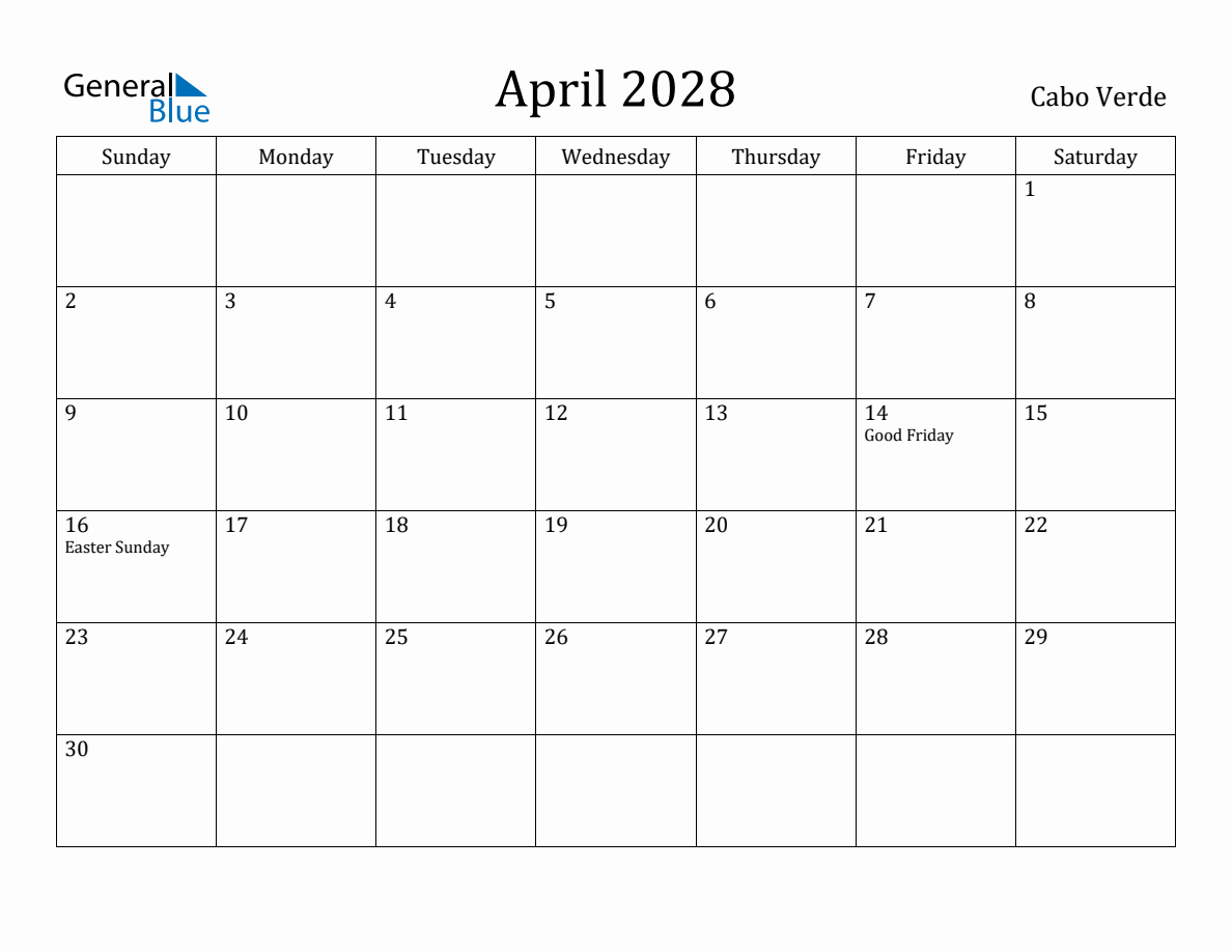April 2028 Monthly Calendar with Cabo Verde Holidays