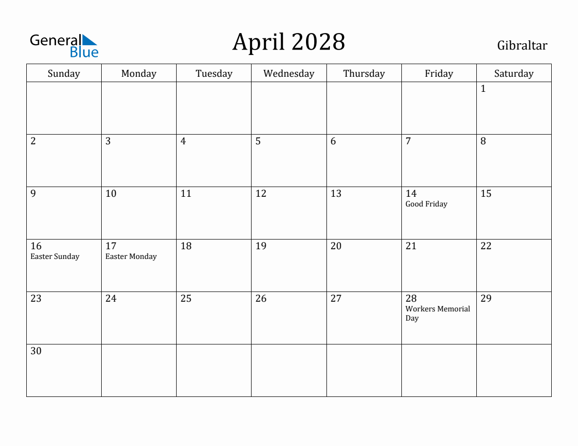 April 2028 Monthly Calendar with Gibraltar Holidays