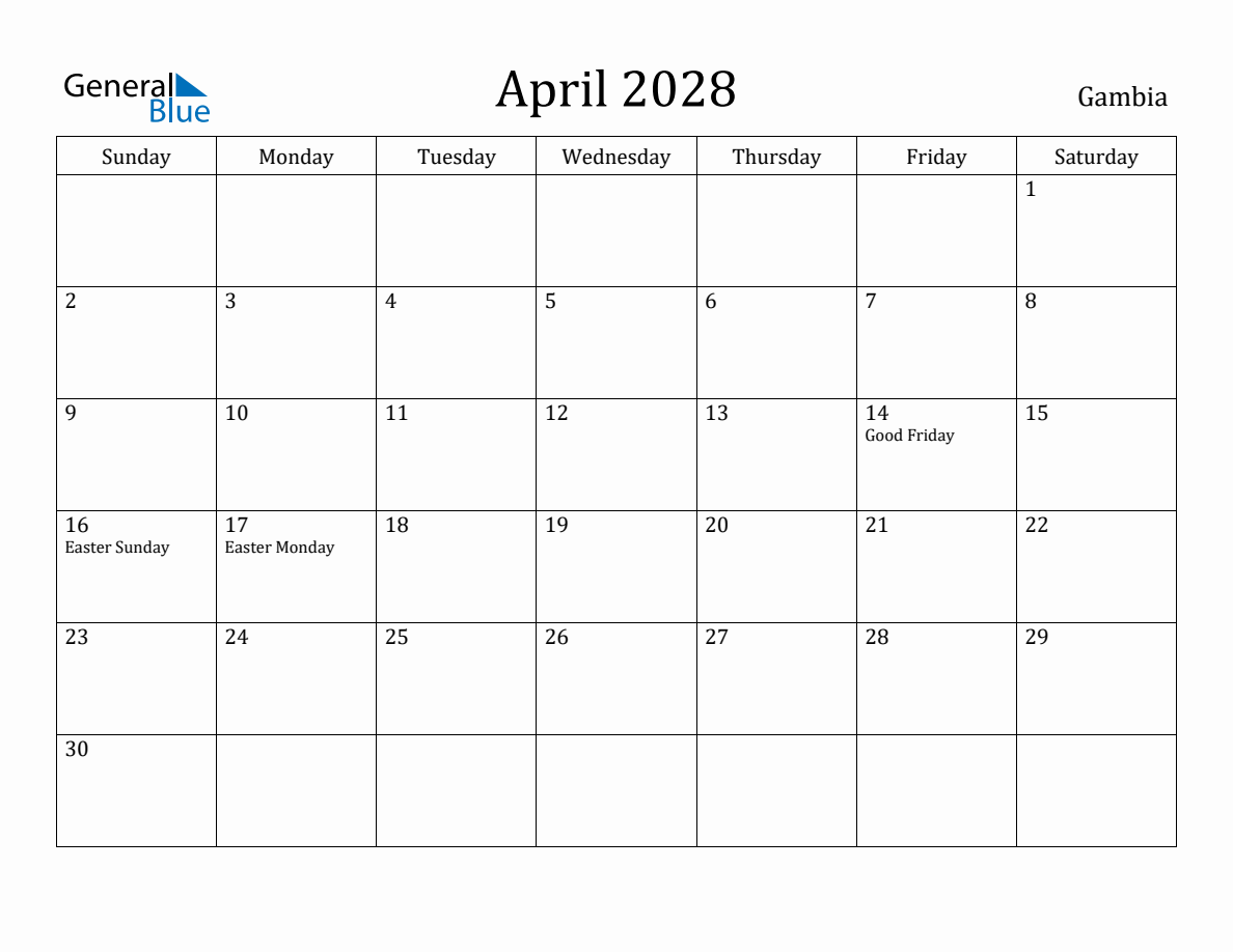 April 2028 Monthly Calendar with Gambia Holidays