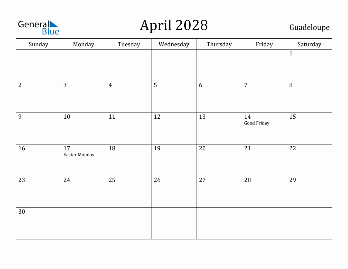 April 2028 Monthly Calendar with Guadeloupe Holidays
