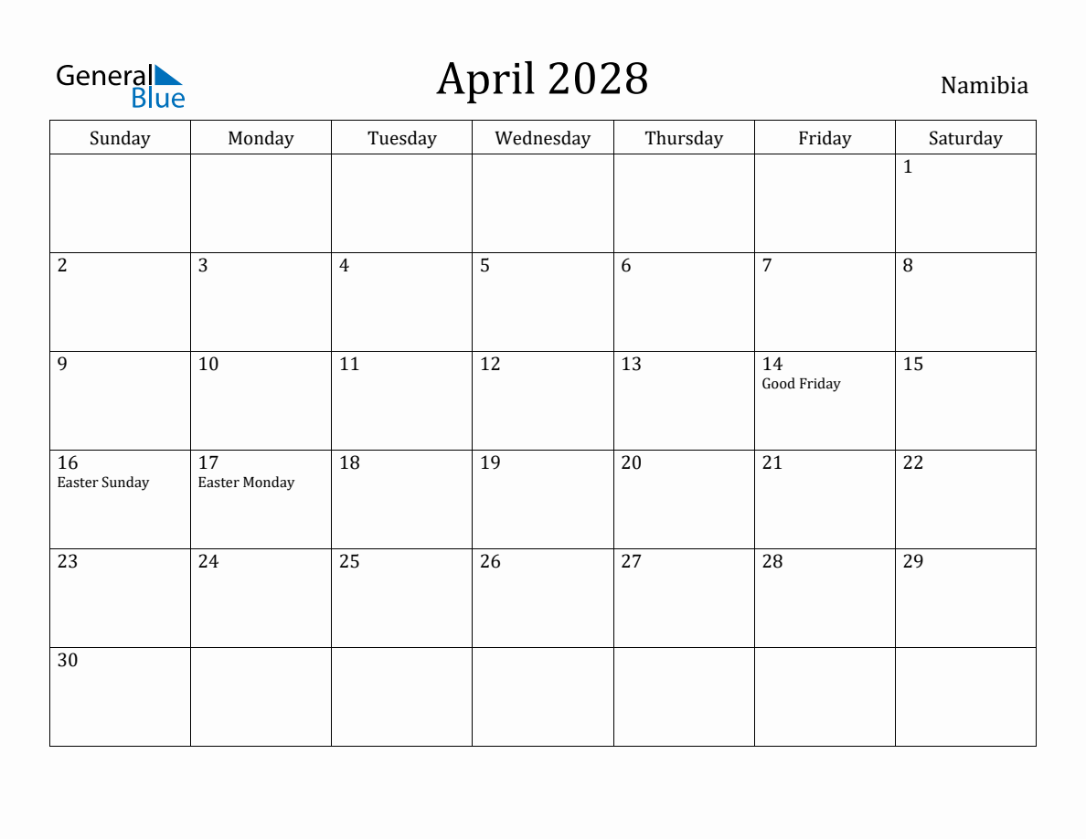 April 2028 Monthly Calendar with Namibia Holidays
