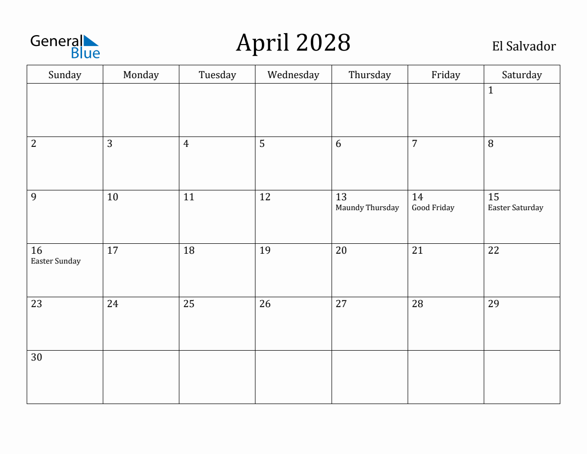 April 2028 Monthly Calendar with El Salvador Holidays