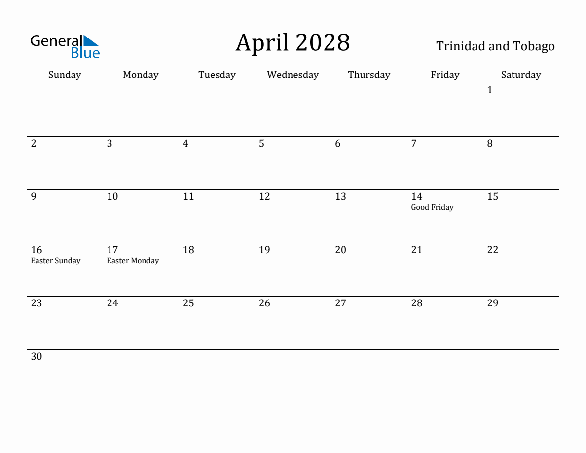 April 2028 Monthly Calendar with Trinidad and Tobago Holidays