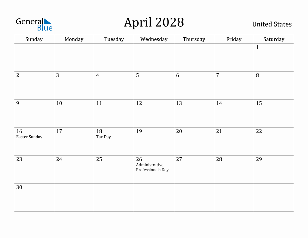 April 2028 Monthly Calendar with United States Holidays
