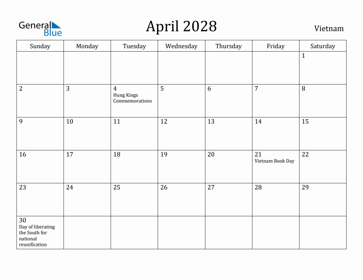 April 2028 Monthly Calendar with Vietnam Holidays