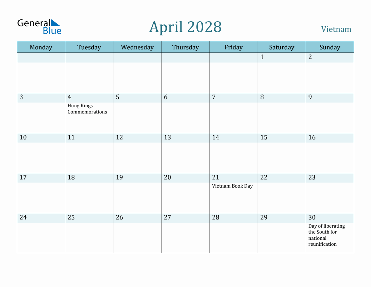 Vietnam Holiday Calendar for April 2028