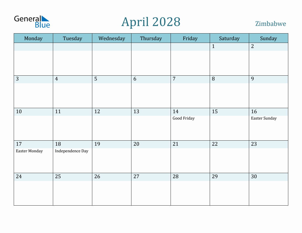 Zimbabwe Holiday Calendar for April 2028