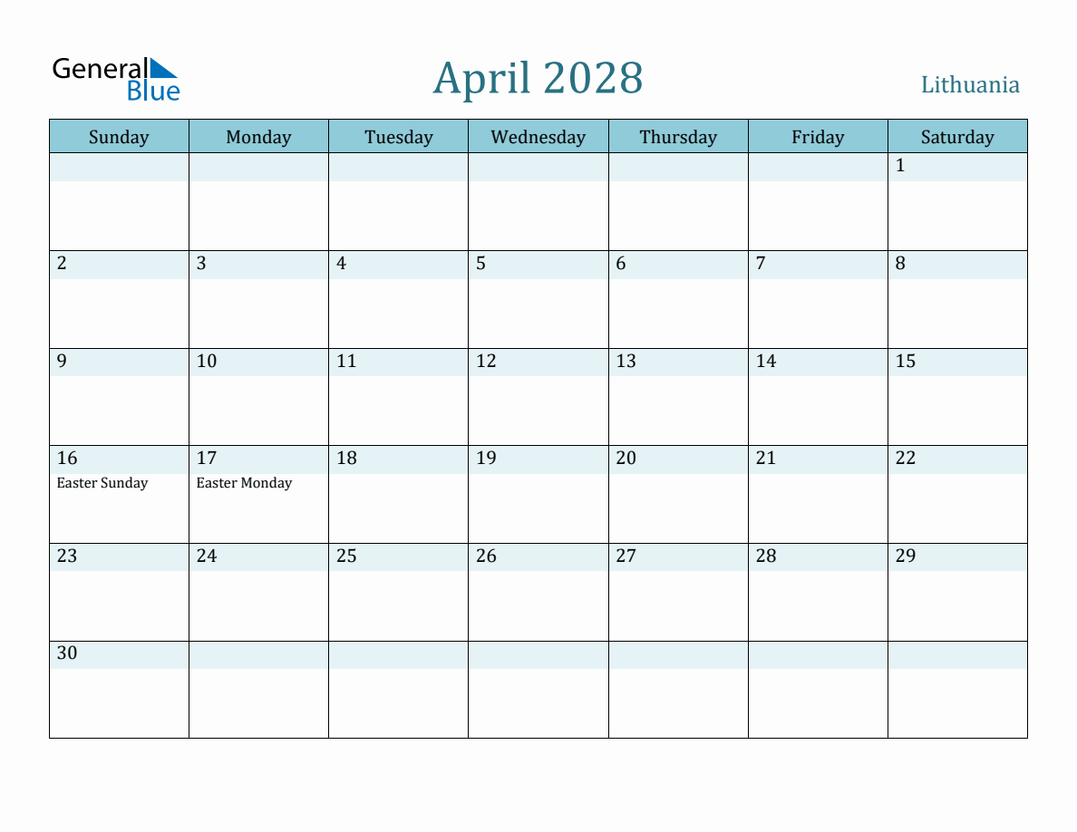 Lithuania Holiday Calendar for April 2028