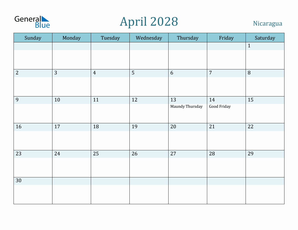 Nicaragua Holiday Calendar for April 2028