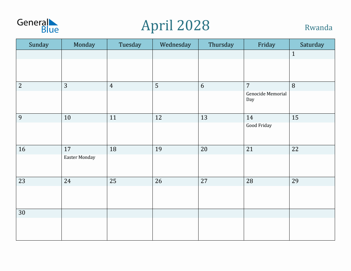 Rwanda Holiday Calendar for April 2028