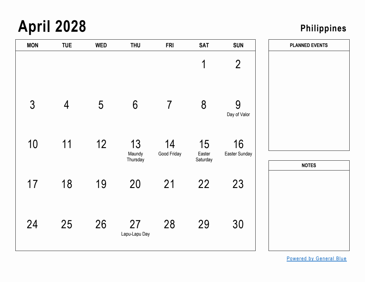 April 2028 Planner with Philippines Holidays