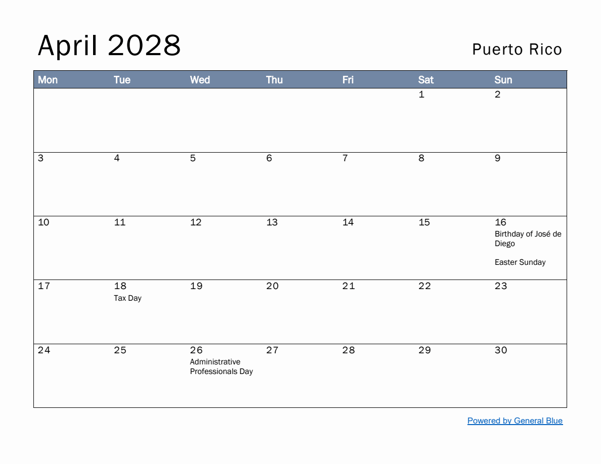 Free Monthly Calendar Template for April 2028 with Puerto Rico Holidays ...