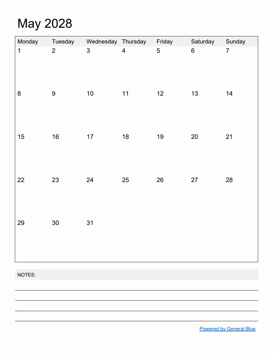 Free Printable Monthly Calendar for May 2028 - Monday Start