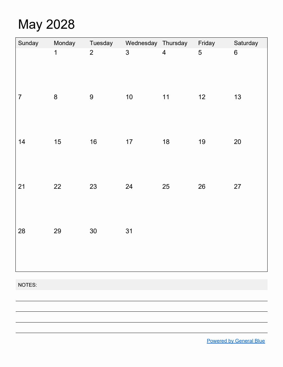 Free Printable Monthly Calendar for May 2028