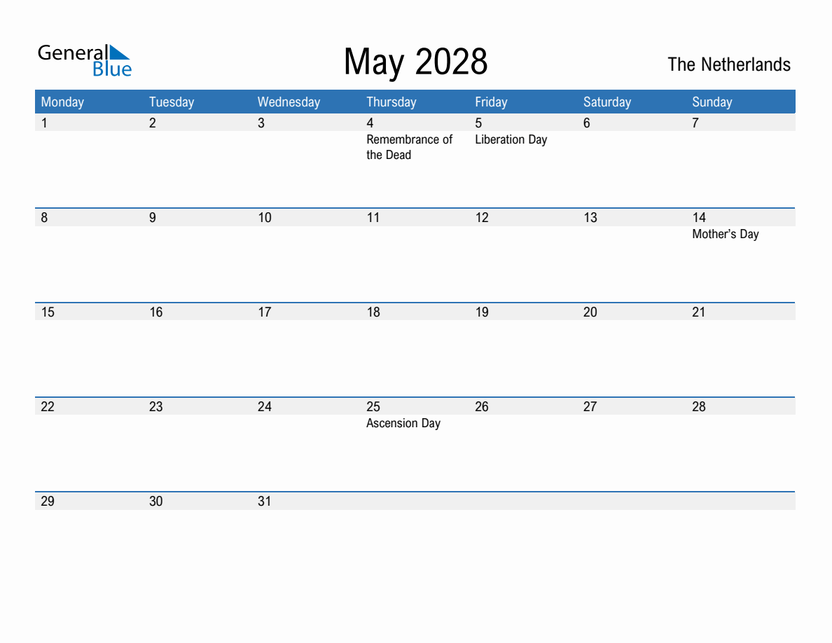 Editable May 2028 Calendar with The Netherlands Holidays