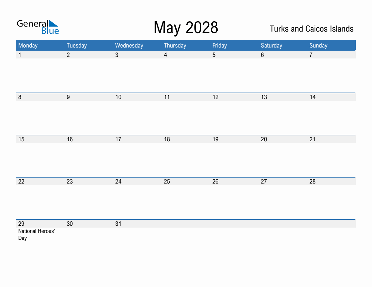 Editable May 2028 Calendar with Turks and Caicos Islands Holidays ...
