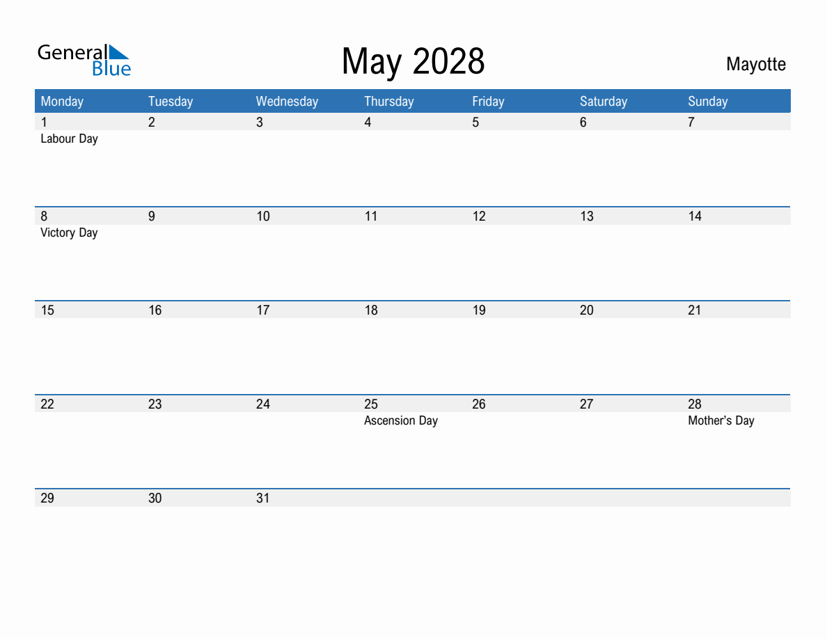 Editable May 2028 Calendar with Mayotte Holidays