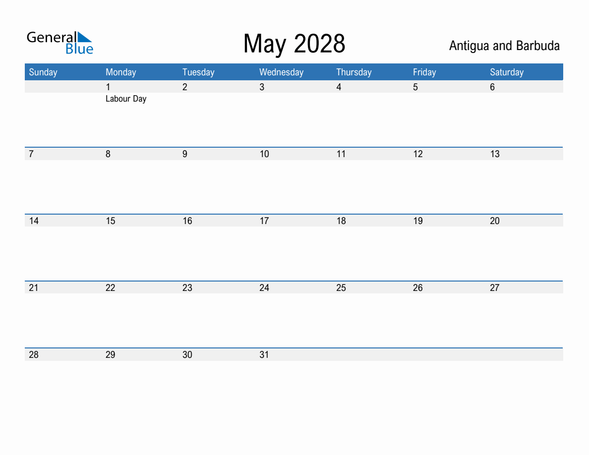 May 2028 Monthly Calendars with Antigua and Barbuda Holidays