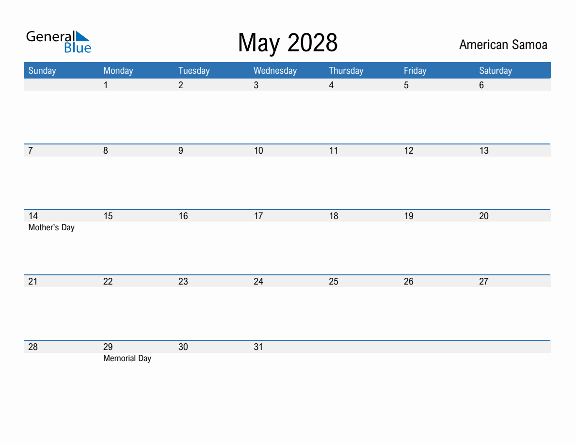 Editable May 2028 Calendar with American Samoa Holidays