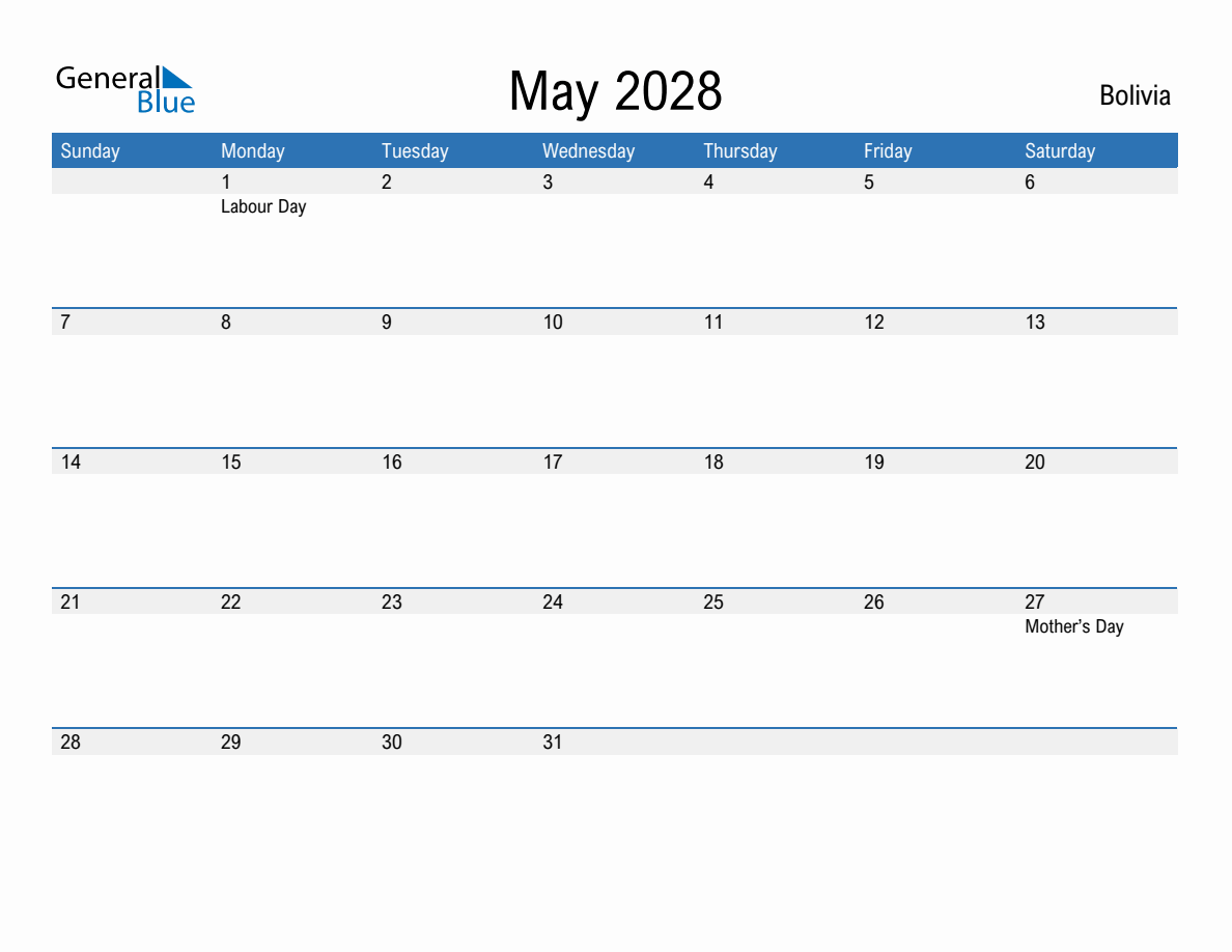 Editable May 2028 Calendar with Bolivia Holidays