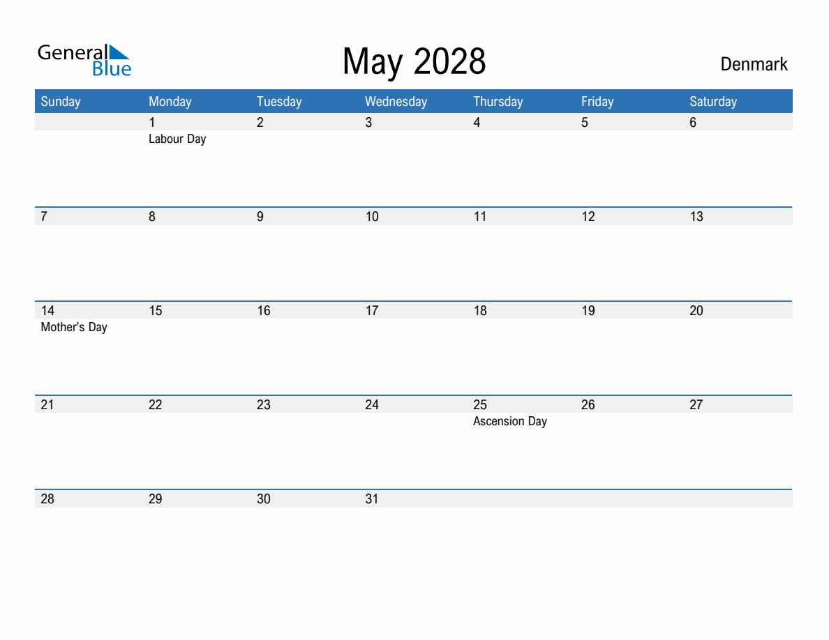 May 2028 Monthly Calendars with Denmark Holidays