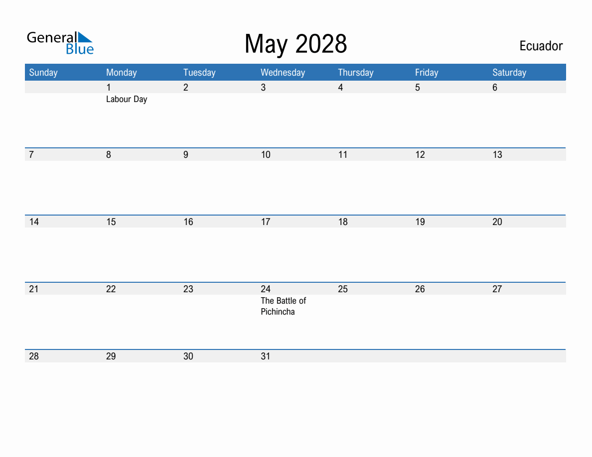 Editable May 2028 Calendar with Ecuador Holidays
