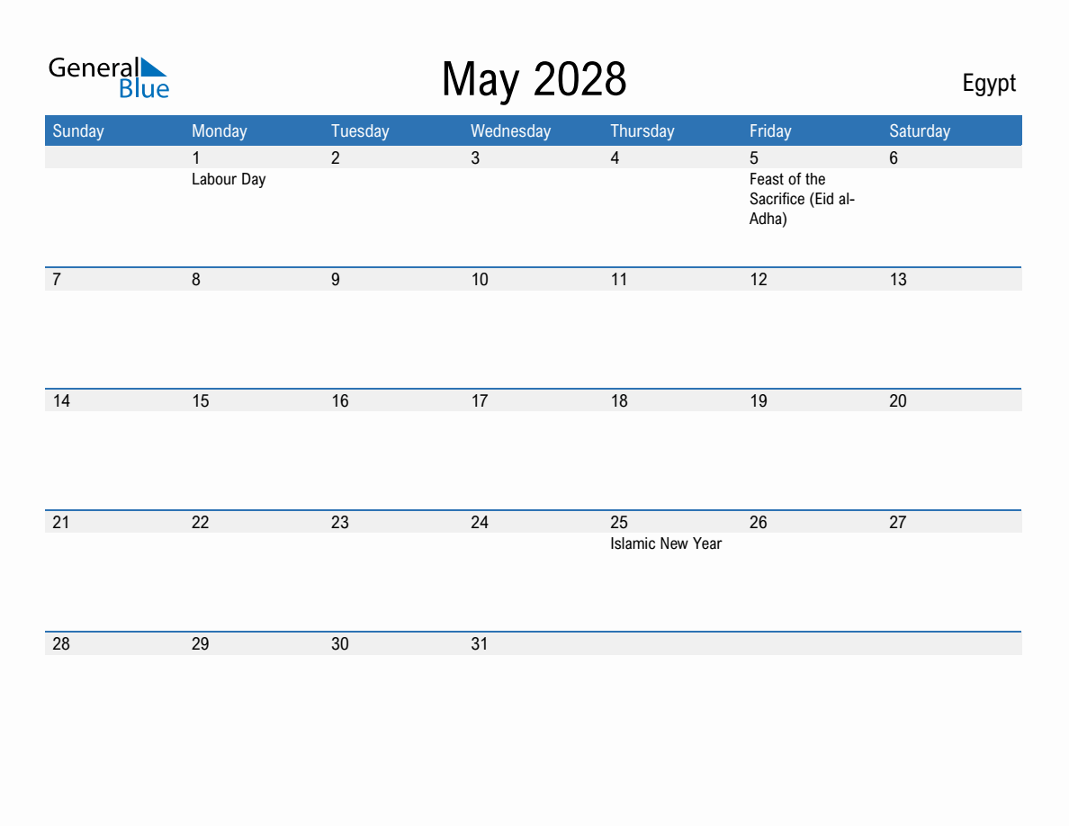 Editable May 2028 Calendar with Egypt Holidays