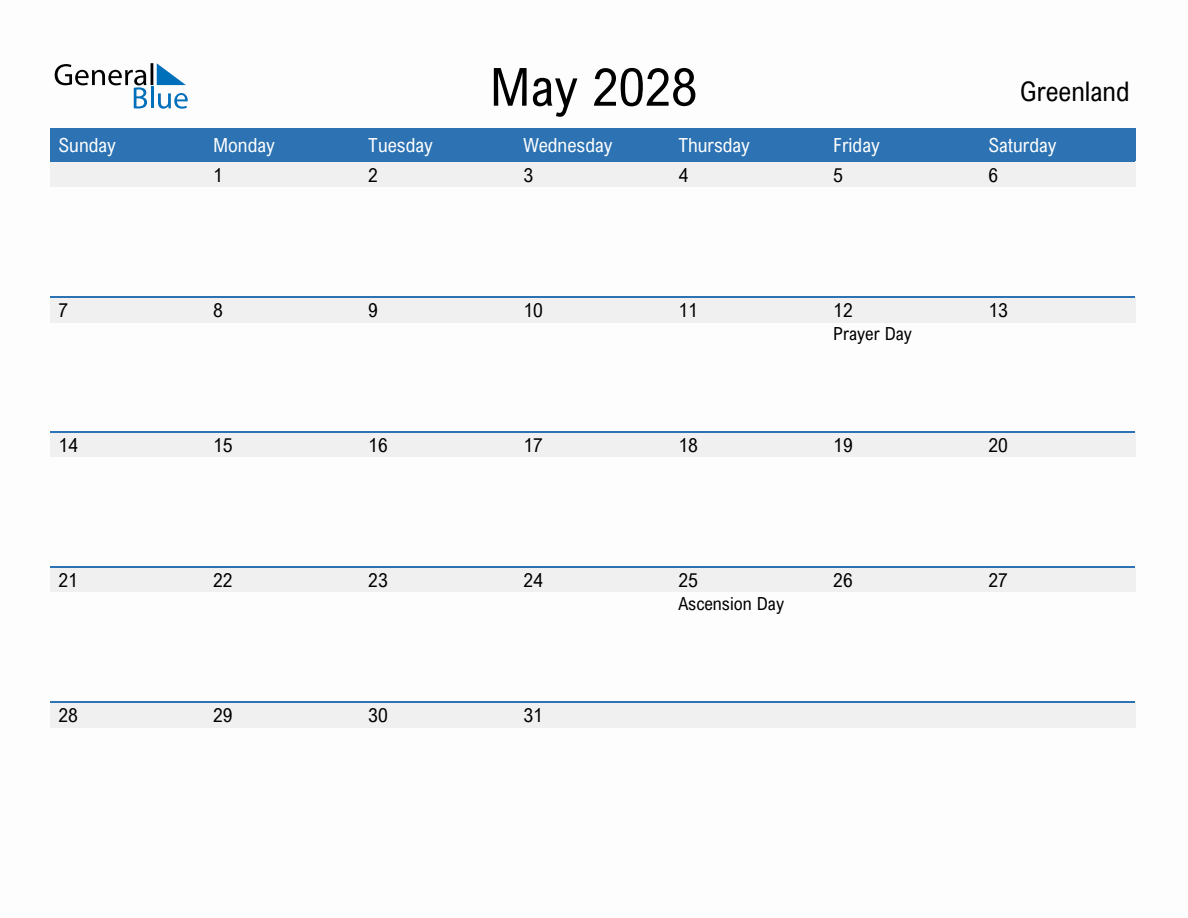Editable May 2028 Calendar With Greenland Holidays