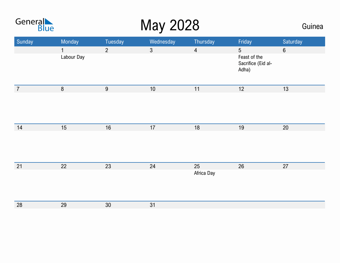 Editable May 2028 Calendar with Guinea Holidays