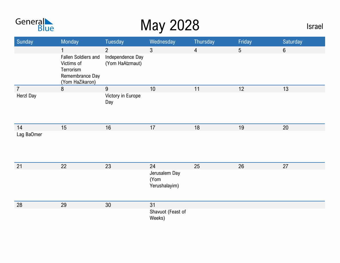 Editable May 2028 Calendar with Israel Holidays