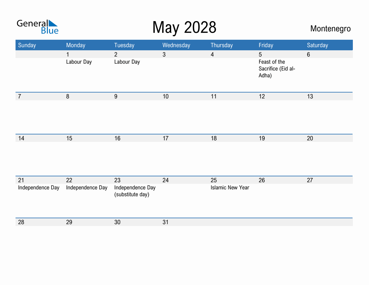 Editable May 2028 Calendar with Montenegro Holidays