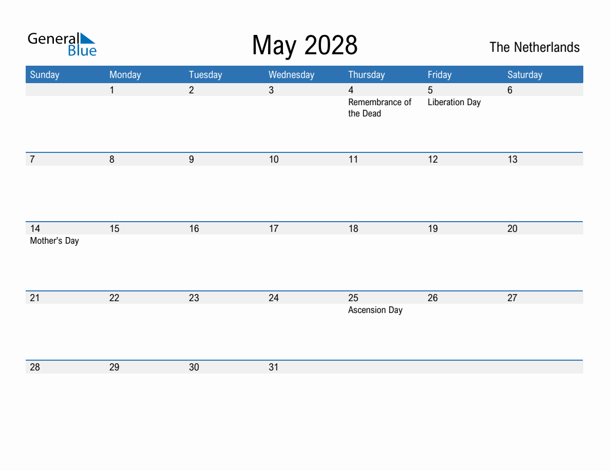 Editable May 2028 Calendar with The Netherlands Holidays
