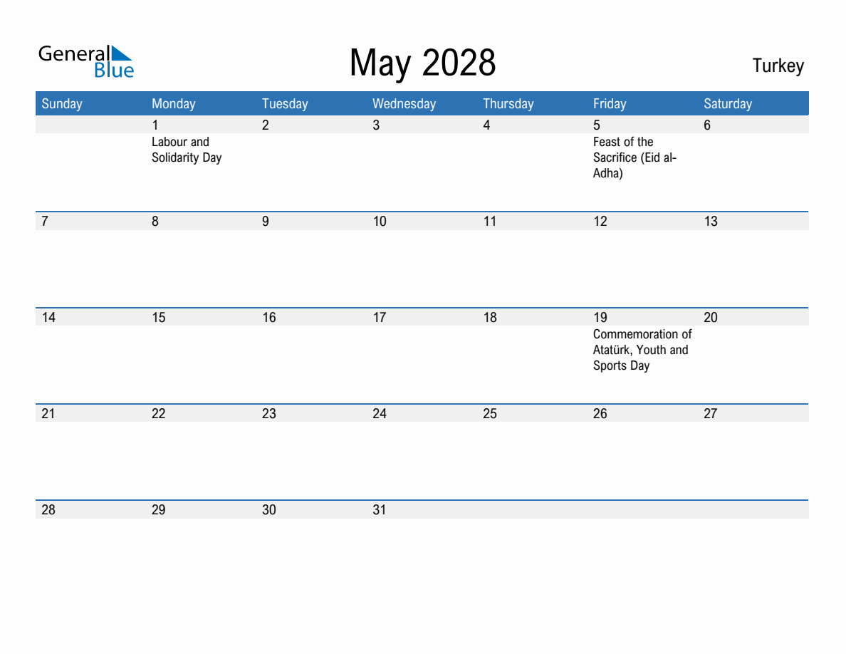 May 2028 Monthly Calendars with Turkey Holidays