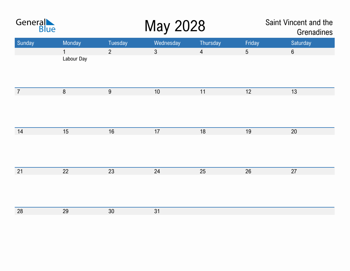 Editable May 2028 Calendar with Saint Vincent and the Grenadines Holidays