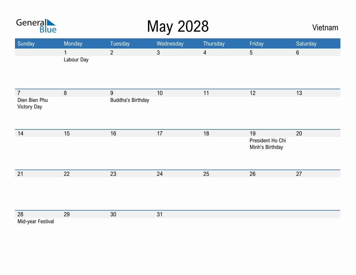 Editable May 2028 Calendar with Vietnam Holidays