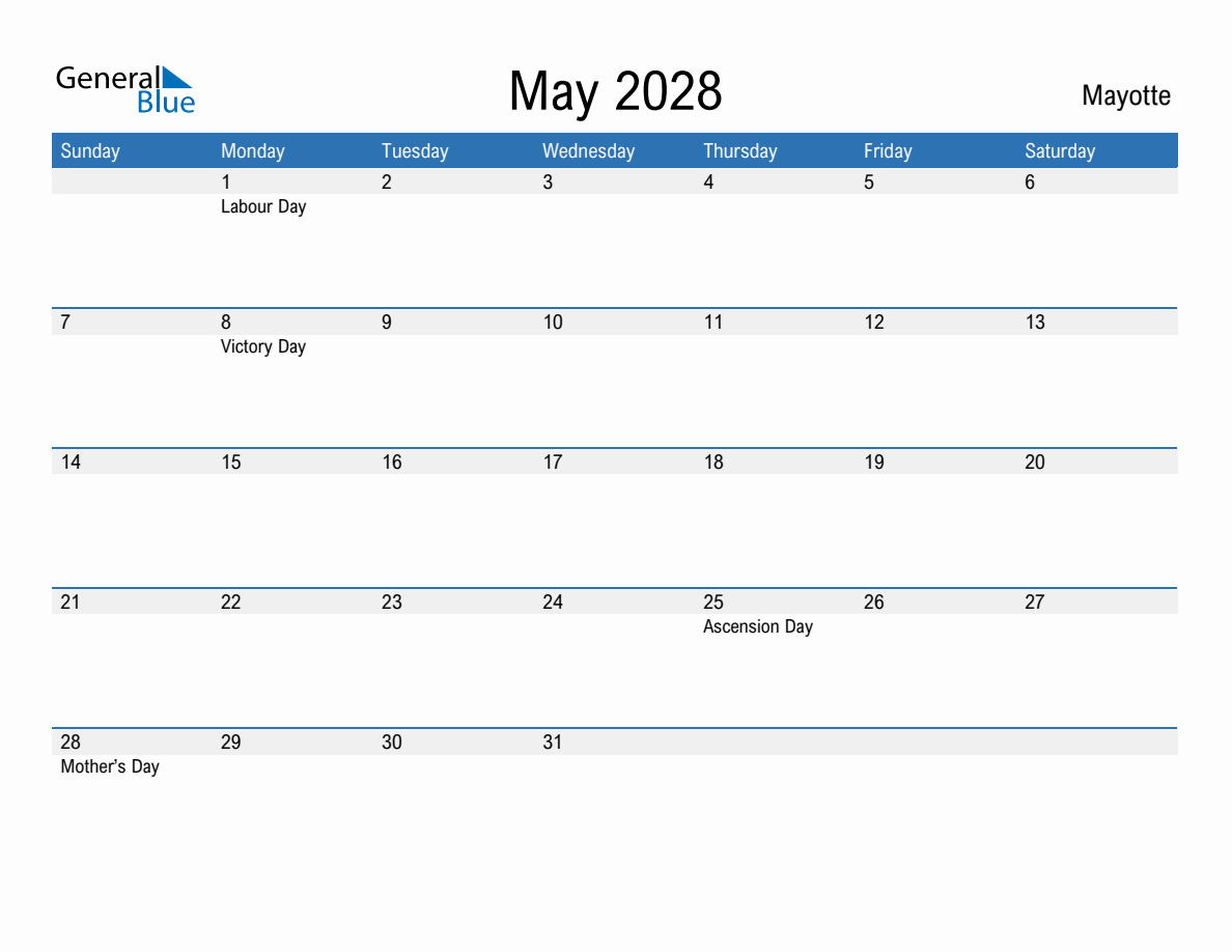 Editable May 2028 Calendar with Mayotte Holidays