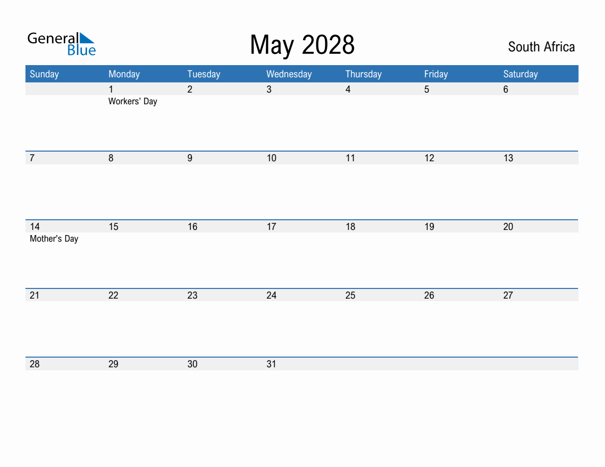 May 2028 Monthly Calendars with South Africa Holidays