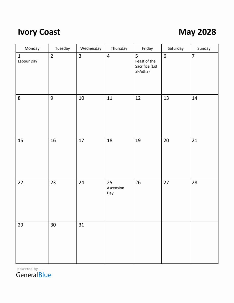 Free Printable May 2028 Calendar for Ivory Coast (Monday Start)